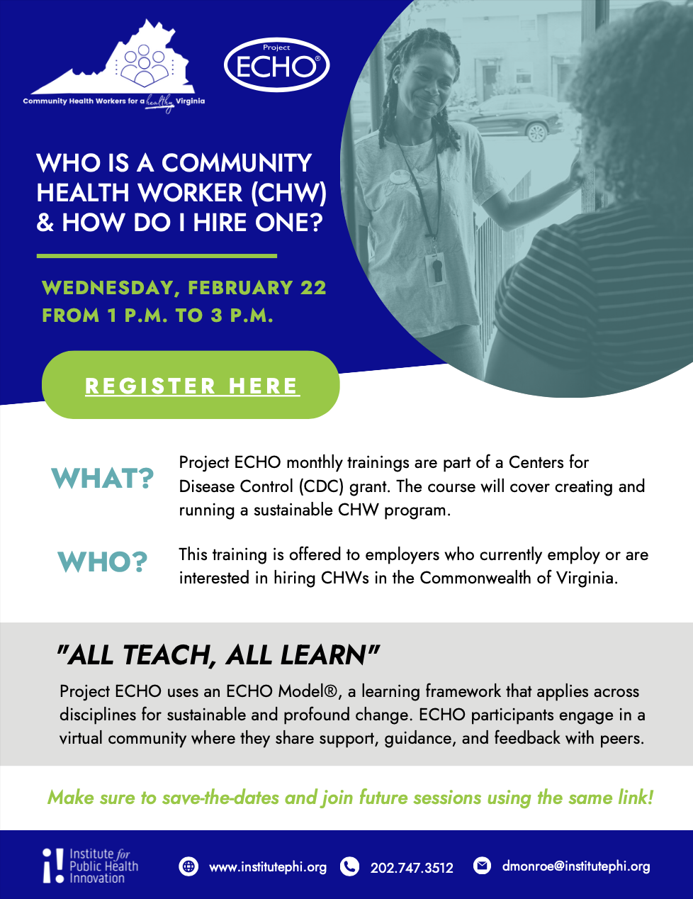 Project ECHO: Who is a Community Health Worker (CHW) & How Do I Hire One? 2/22/2023 - Institute ...
